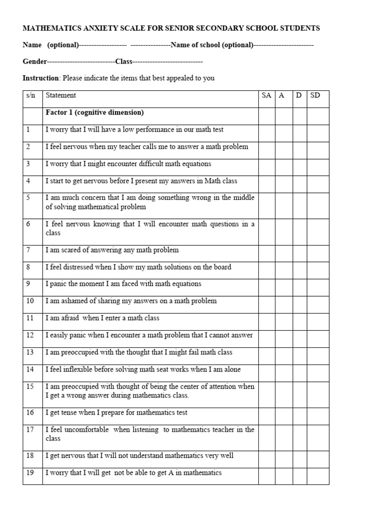 MATHEMATICS ANXIETY SCALE | PDF | Mathematics | Behavioural Sciences