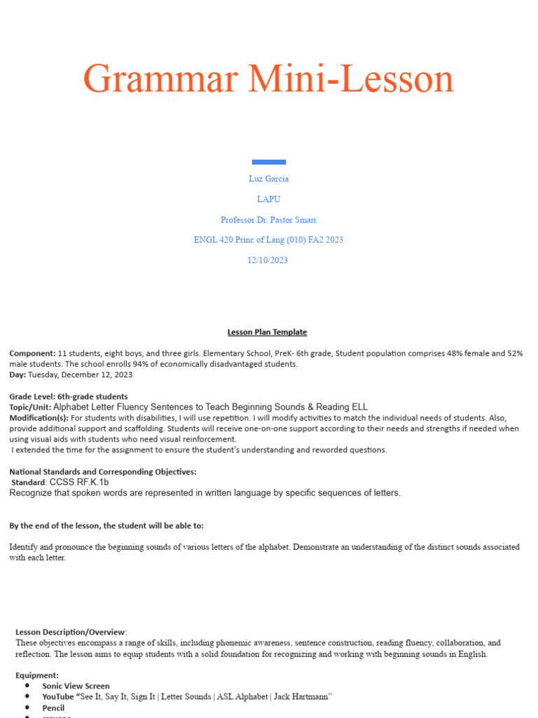 Grammar Mini-Lesson | PDF | Fluency | Cognition