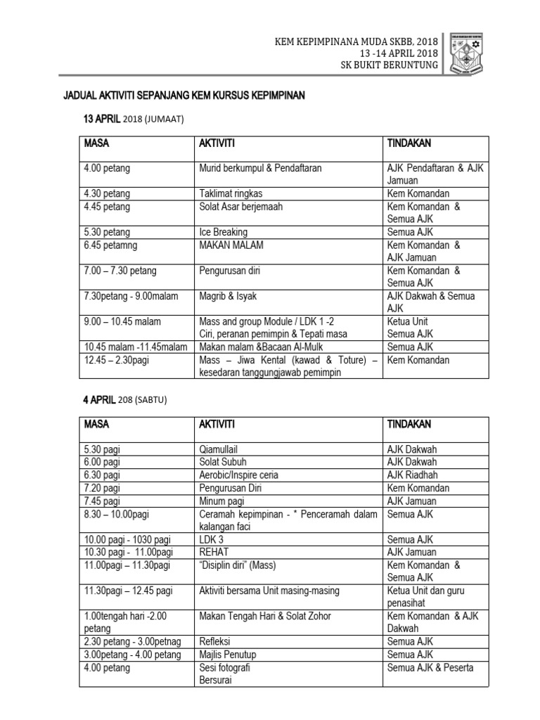 JADUAL AKTIVITI SEPANJANG KEM KURSUS KEPIMPINAN | PDF