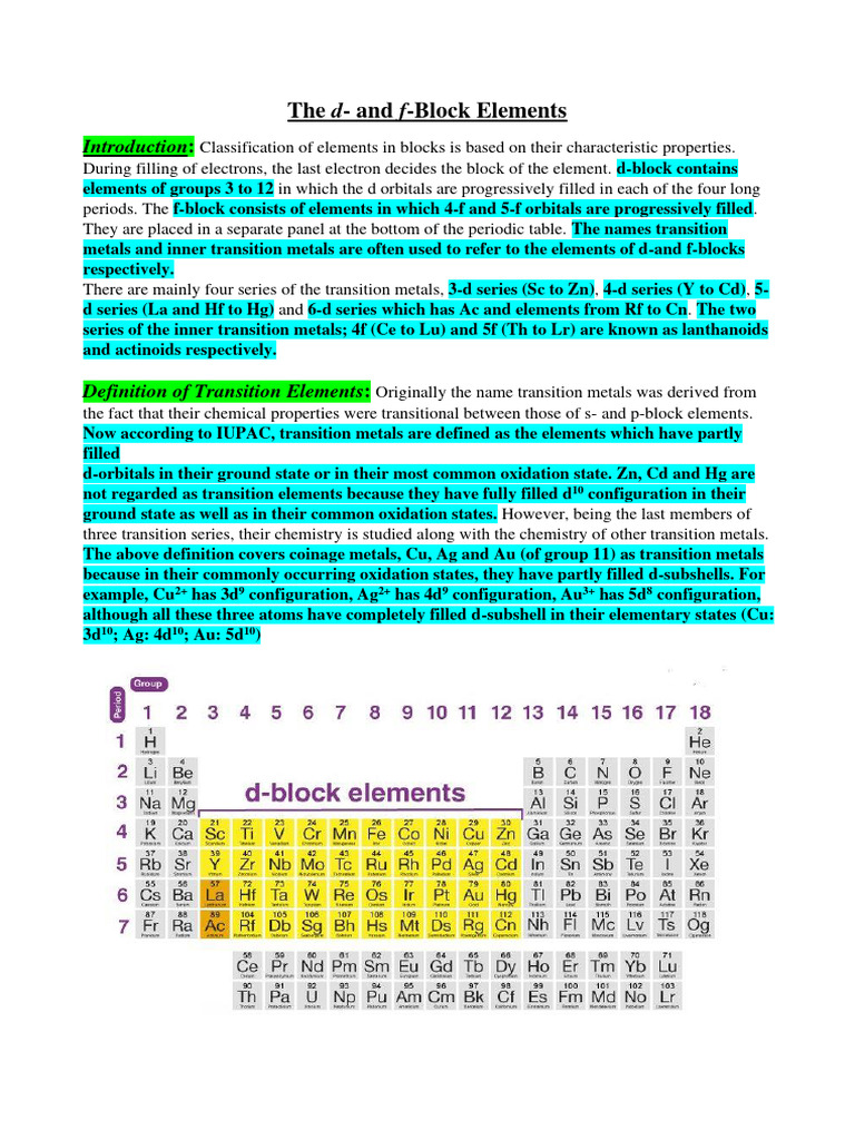 THE D - AND f-BLOCK ELEMENTS | PDF | Transition Metals | Electron Configuration