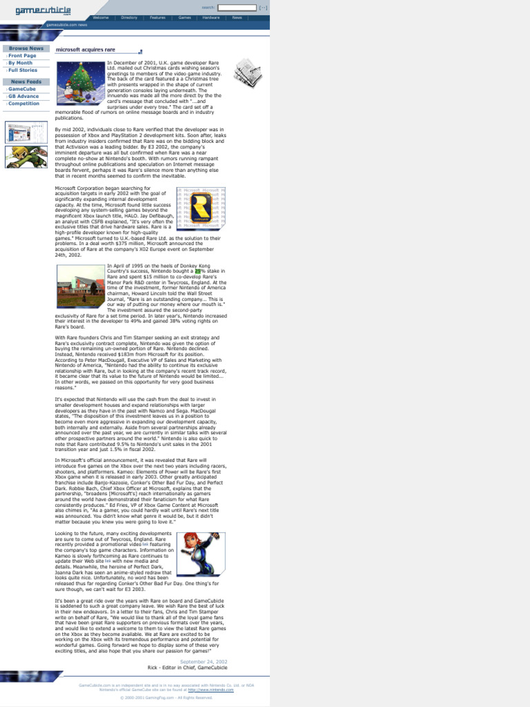 Microsoft Acquire's Rare, Former Nintendo Second Party (Rareware) | PDF ...