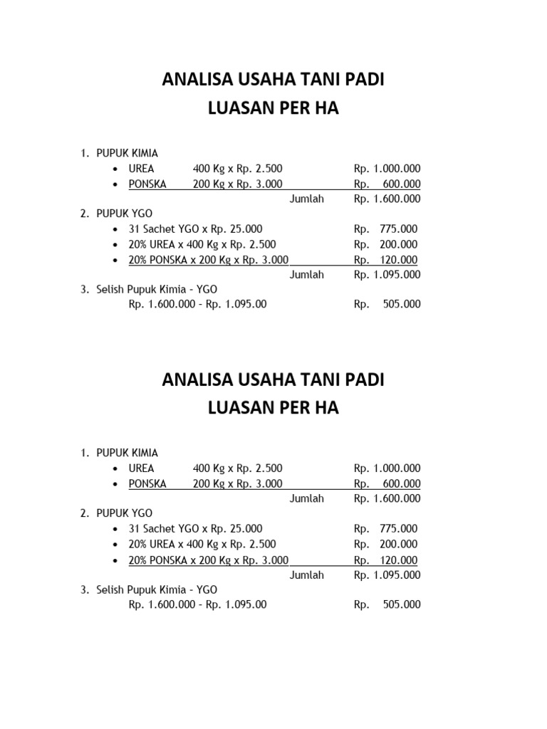 Analisa Usaha Tani Padi | PDF
