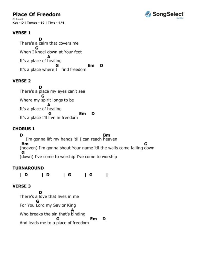 Place of Freedom - SongSelect Chart in D | PDF