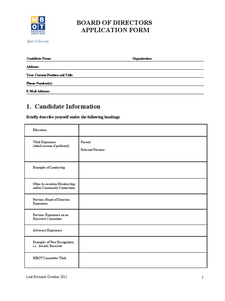 Board of Directors Application Form | PDF | Board Of Directors | Employment