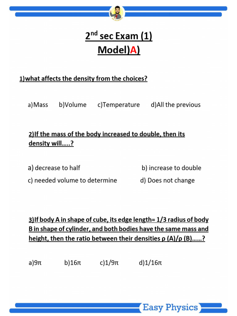 Phyiscs Model A (2nd Sec) Exam 1 | PDF | Pressure | Density
