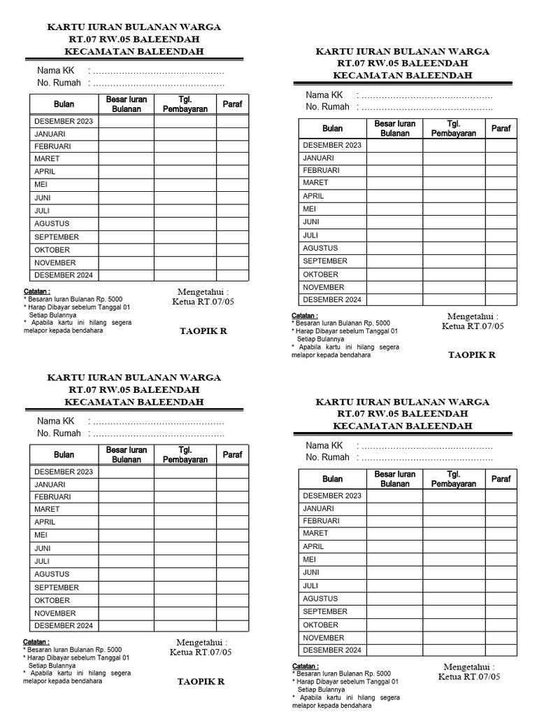 Iuran Bulanan RT | PDF