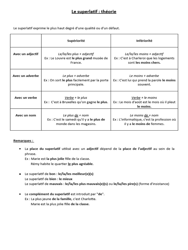 Exercices sur le superlatif en FLE | PDF | Linguistique | Grammaire