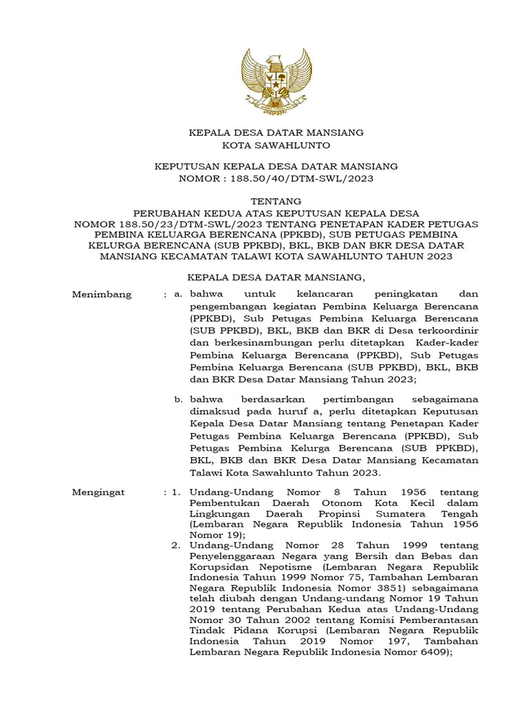 SK 40 Perubahan Penetapan Kader Petugas Pembina Keluarga Berencana (PPKBD), Sub Petugas Pembina ...