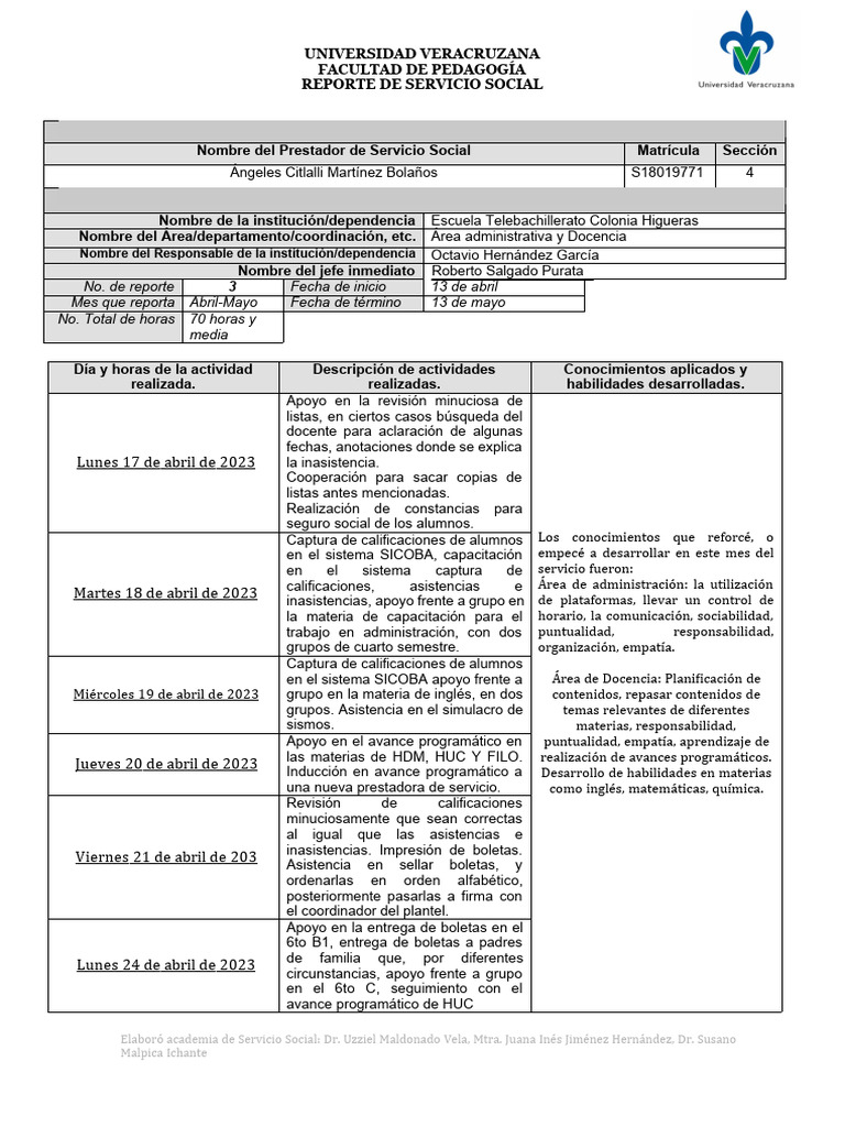 3er Reporte Abril-Mayo.2023 | PDF | Aprendizaje