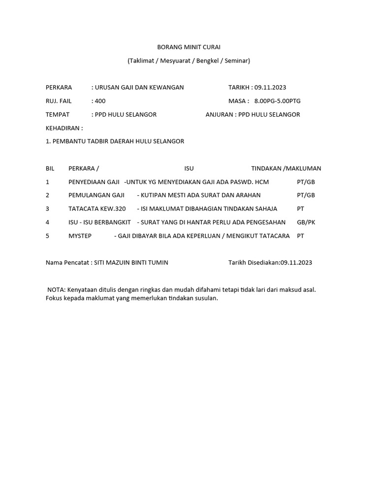 Borang Minit Curai Pdf