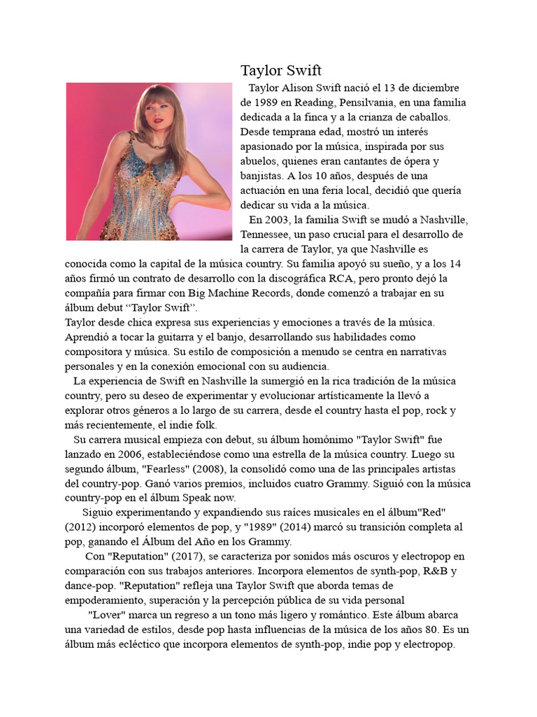 Biografía y evolución musical de Taylor Swift | PDF | Taylor Swift ...