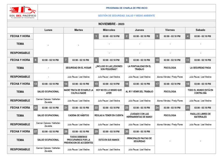 Programa Mensual de Charla Pre-Inicio | PDF