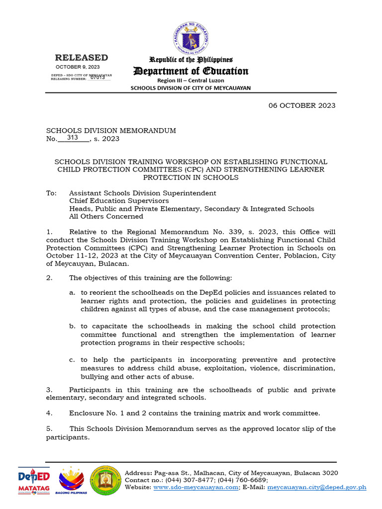 Division Memorandum No. 313, s. 2023-TRAINING WORKSHOP ON CPC | PDF | Child Protection | Social ...