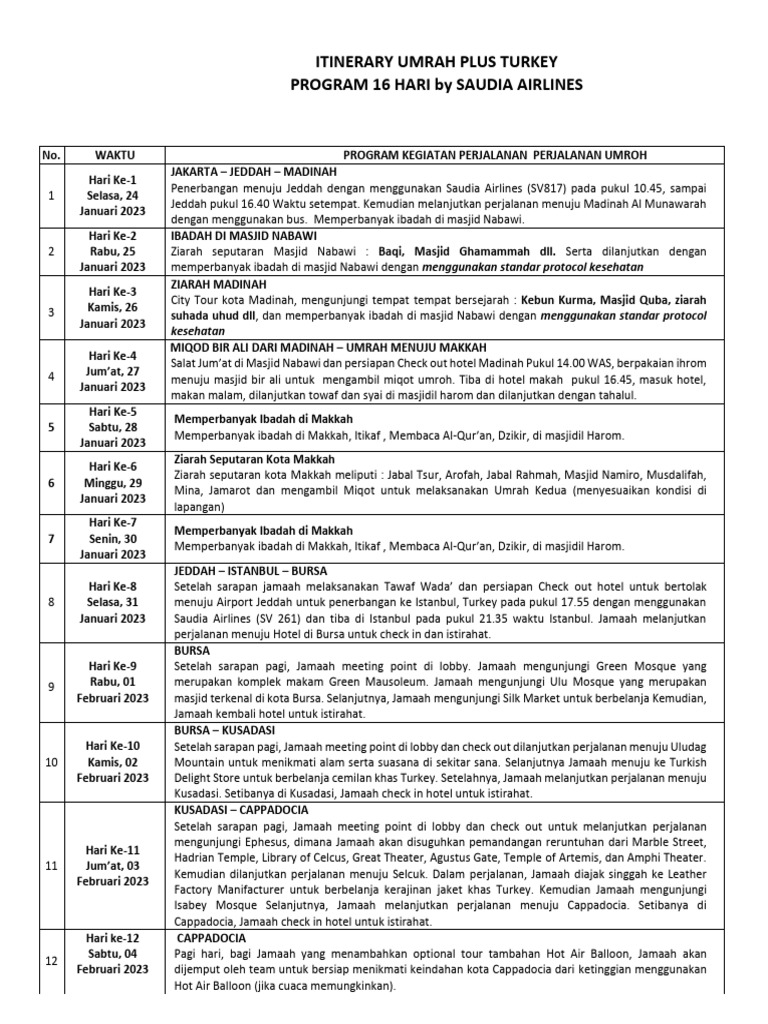 Itinerary Umrah Plus Turki 2023 | PDF