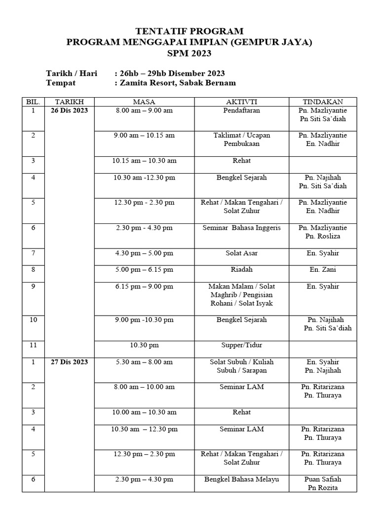 TENTATIF PROGRAM Kecemerlangan | PDF