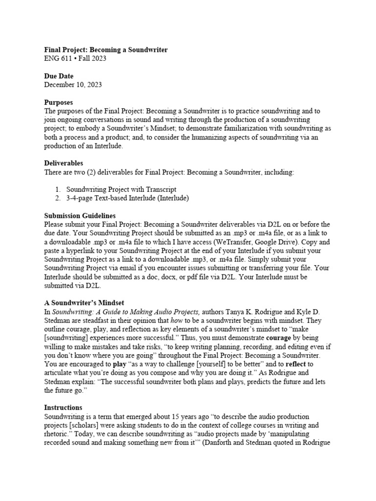 611 Final Project Becoming A Soundwriter | PDF