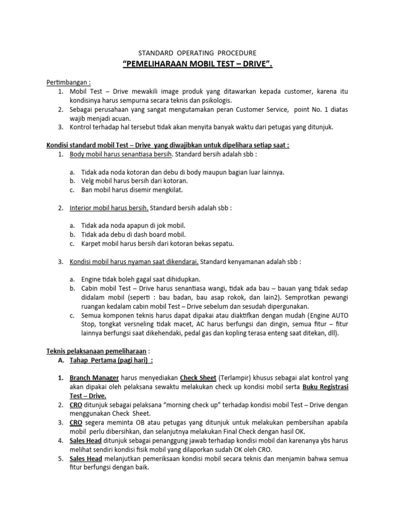 Sop Mobil Test Drive-1 | PDF | Teknologi & Rekayasa | Bisnis