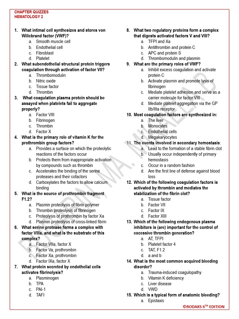 Rodaks Chapter Quizzes Chapter 35 43 | PDF | Coagulation | Platelet