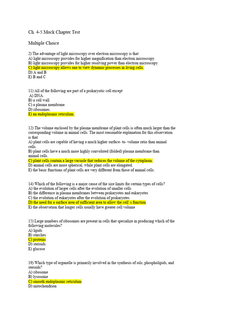 Ch. 4-5 Mock Test Answer Key | PDF | Cell Membrane | Cell (Biology)