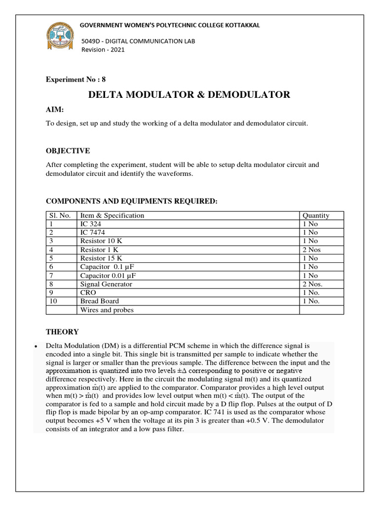 Exp 8 - Delta Modulator | PDF | Modulation | Telecommunications