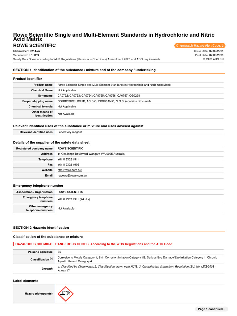 Rowe Scientific Single and Multi-Element Standards in Hydrochloric and ...
