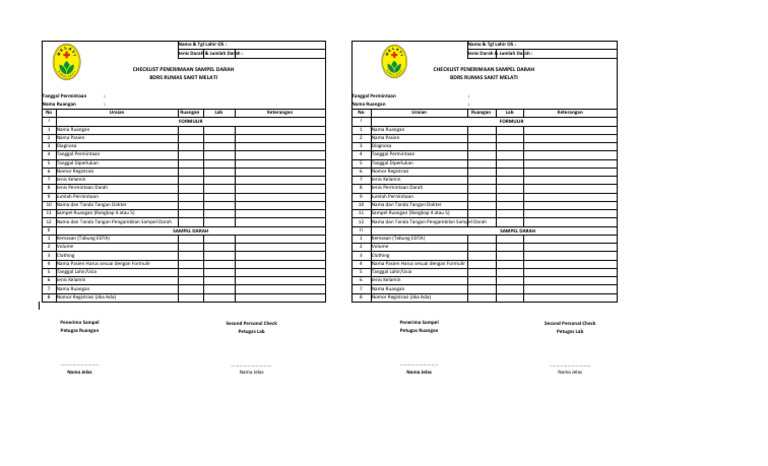 Checklist Penerimaan Sampel Darah | PDF