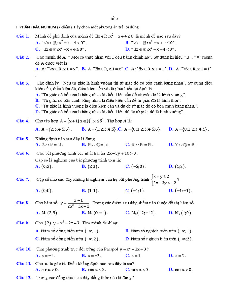 De 3 On Thi HK1 Lop 10 (De) | PDF