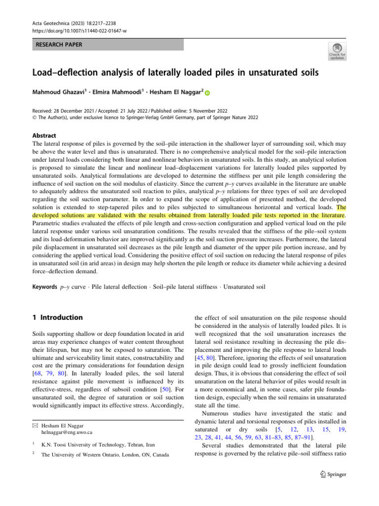 Load-Deflection Analysis of Laterally Loaded Piles in Unsaturated Soils | Download Free PDF ...
