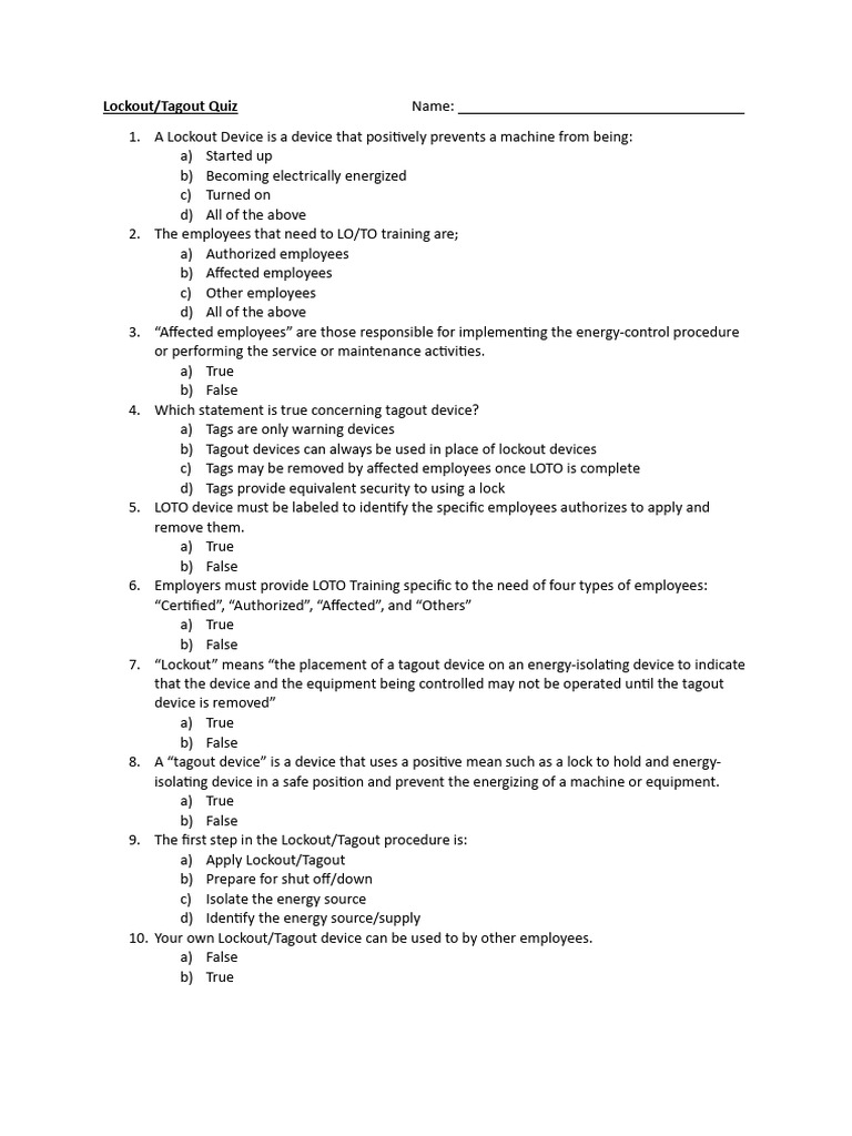 Lockout/Tagout Safety Quiz | PDF