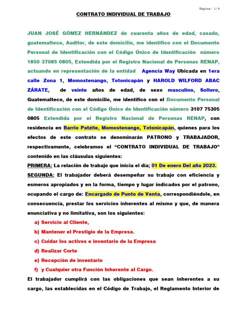 Contrato Individual de Trabajo 2023 | PDF | Información | Economias