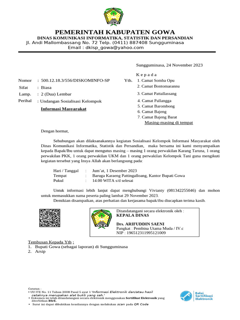 Pemerintah Kabupaten Gowa: Dinas Komunikasi Informatika, Statistik Dan Persandian | PDF