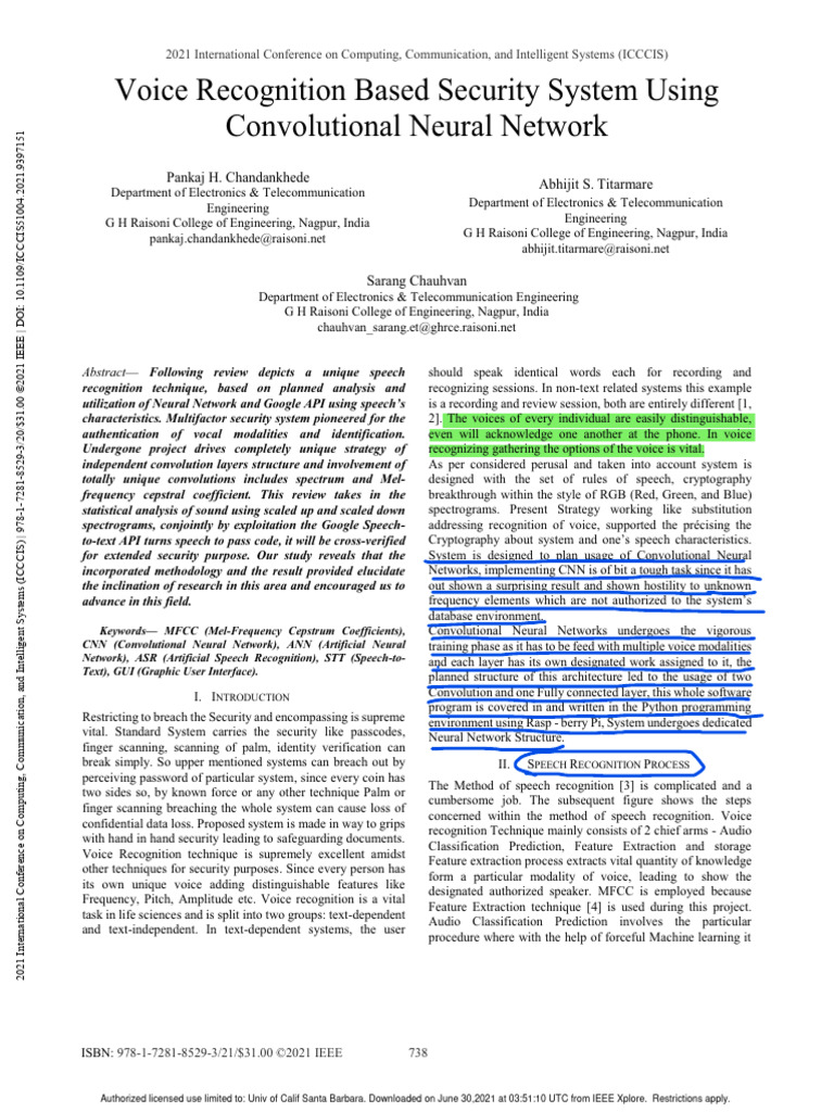 Voice Recognition Based Security System Using Pdf Speech Recognition Computing 