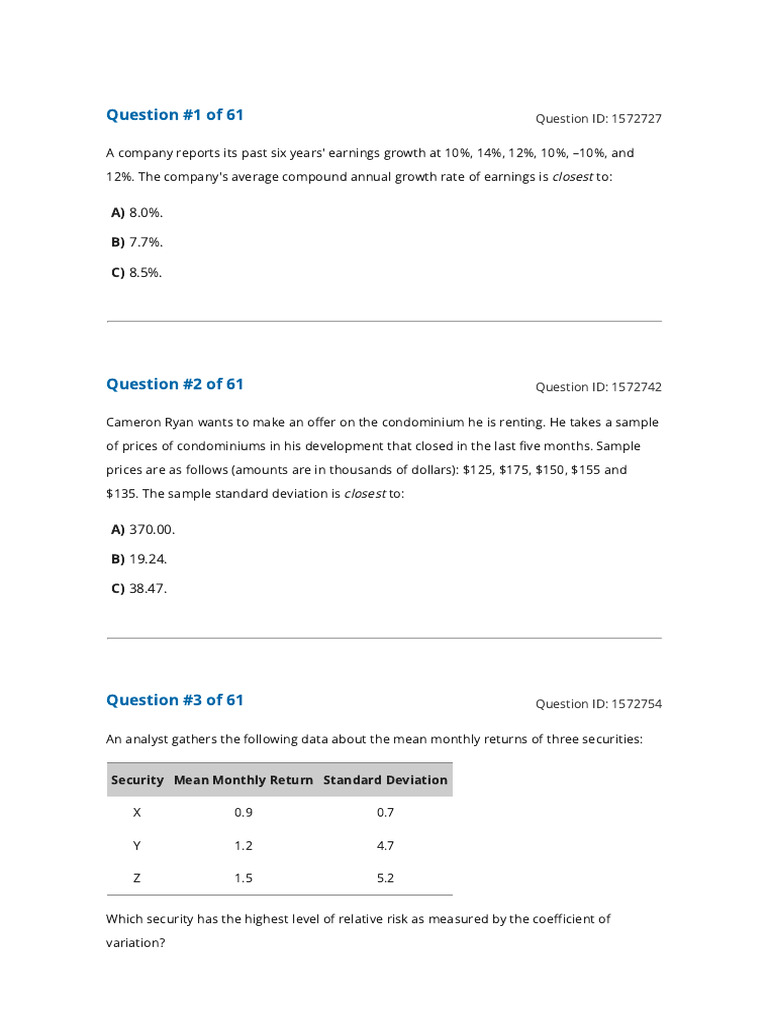 Reading 3 Statistical Measures of Asset Returns | PDF | Mean | Skewness