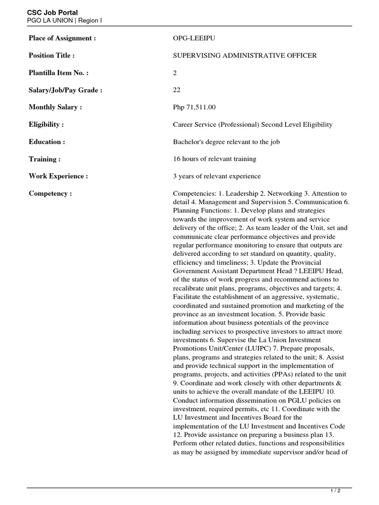 Supervising Administrative Officer Job | PDF | Business | Economies