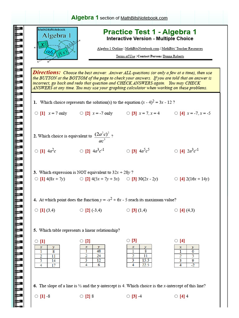 CCSS Algebra 1 Practice Test 1 - MathBitsNotebook (A1) | PDF ...