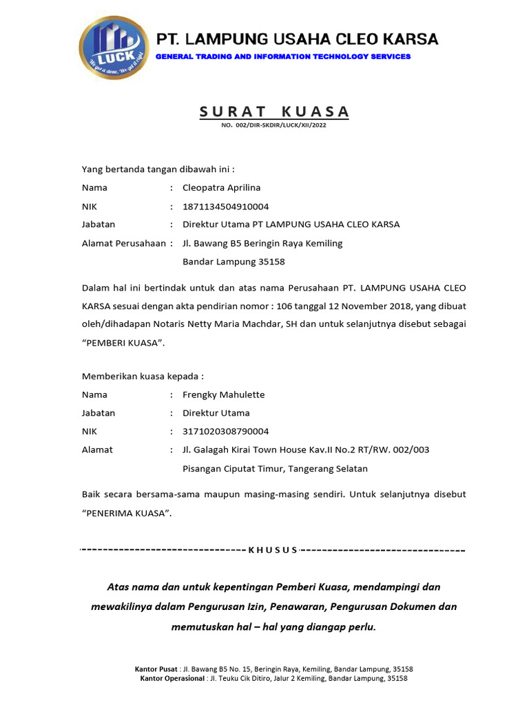 002 Surat Kuasa PT Luck | PDF