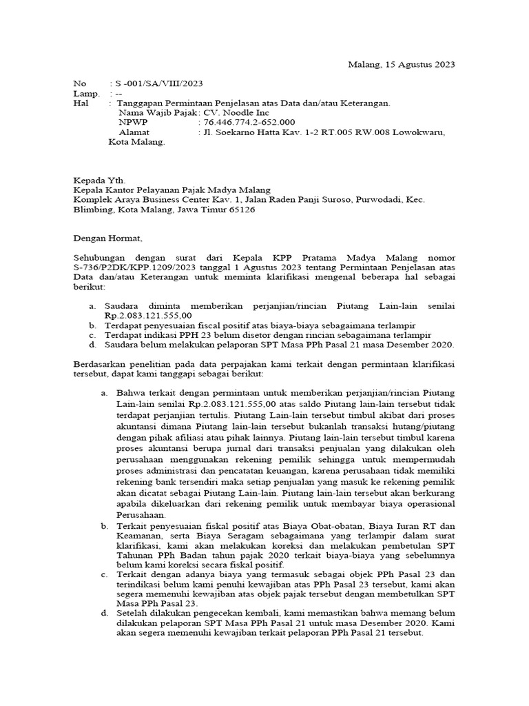 Surat Tanggapan Sp2dk - Noodle Inc 2020 | PDF | Pengelolaan Keuangan & Uang