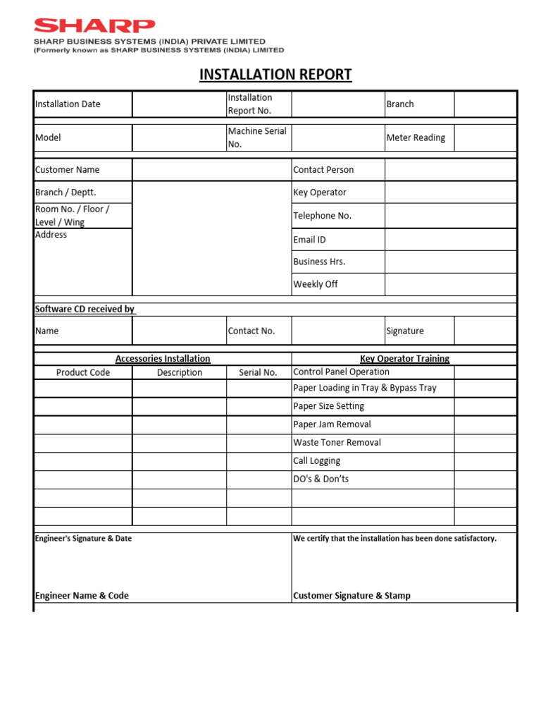 Installation Report Template for Machines | PDF