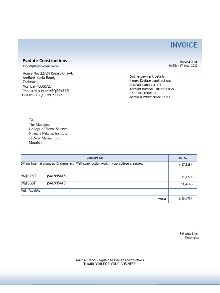 Internal Plumbing Work Invoice. | PDF