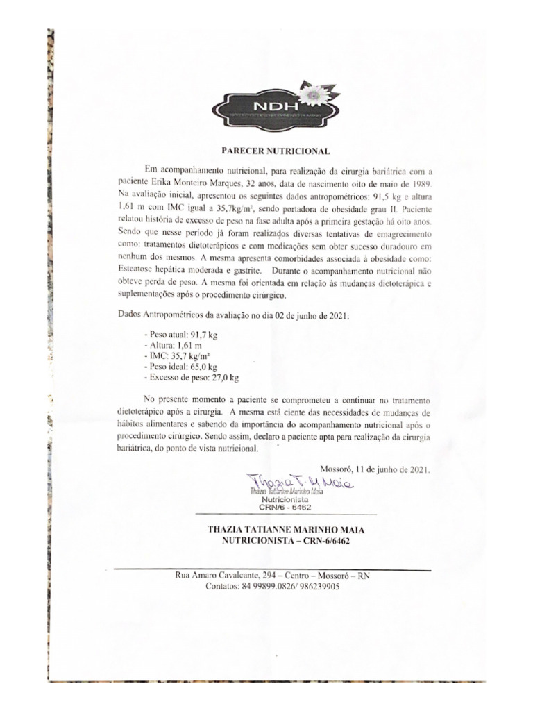 PARECER NUTRICIONAL 2 | PDF