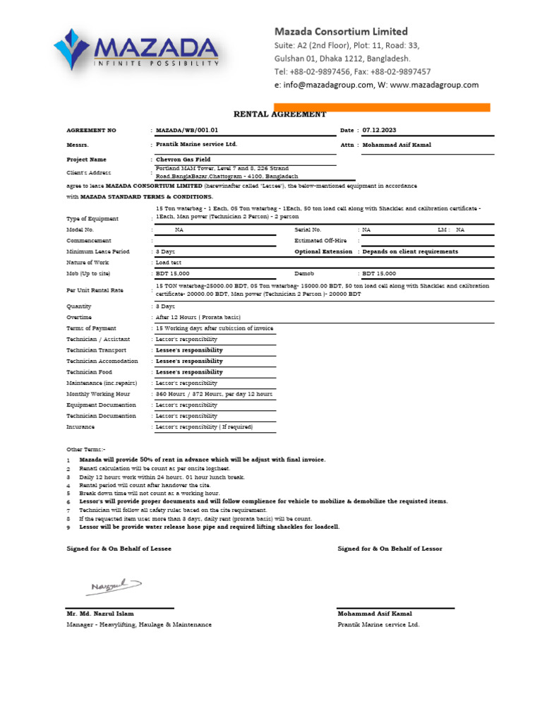 Agreement For Waterbag - Load Cell - Technician | PDF | Lease | Renting