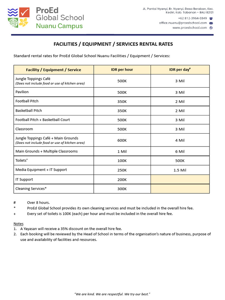 Facilities - Equipment - Services Rental Rates | PDF