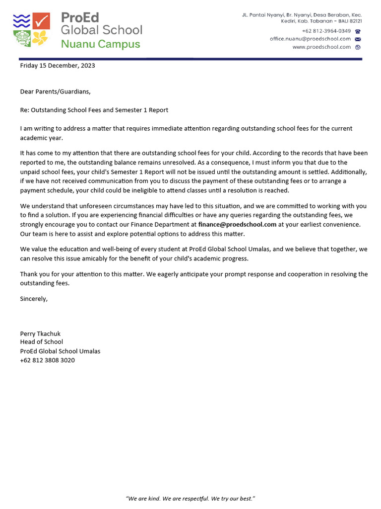 Outstanding Fees Letter (15 December, 2023) | PDF