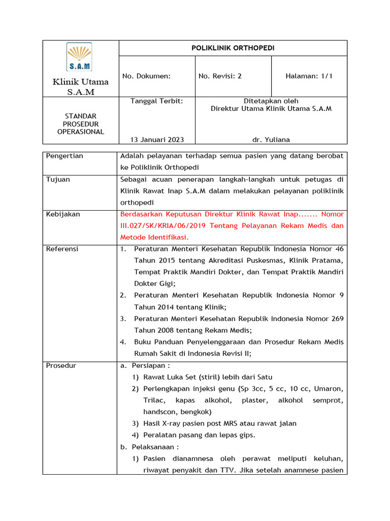 Sop Poliklinik Ortopedi | PDF