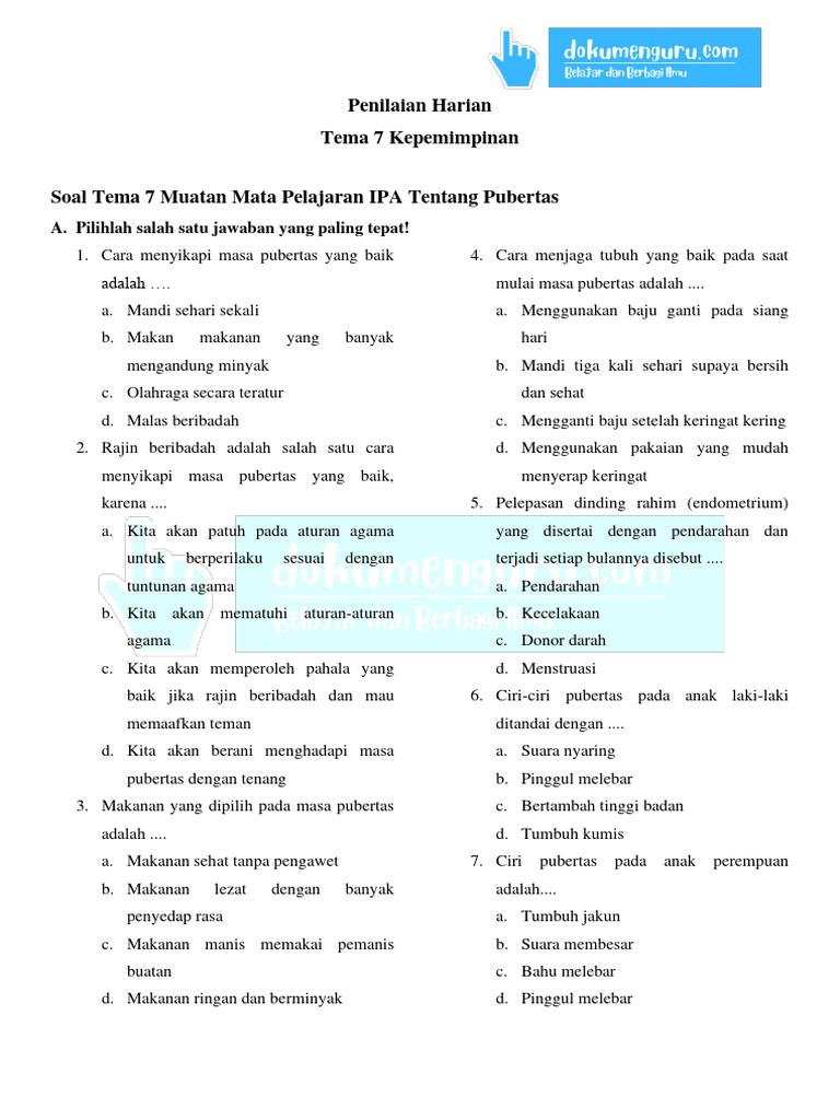 (WWW - Dokumenguru.com) Soal IPA Tentang Pubertas Kelas 6 SD Tema 7 Kepemimpinan | PDF ...