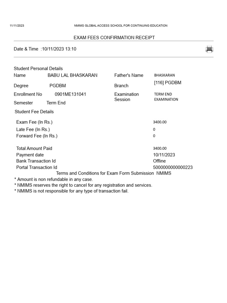 Exam Fees Confirmation Receipt | PDF