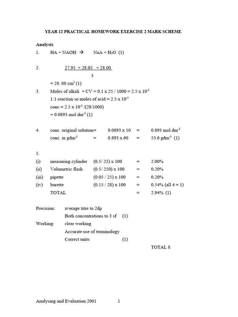 Analysis: Year 12 Practical Homework Exercise 2 Mark Scheme | PDF