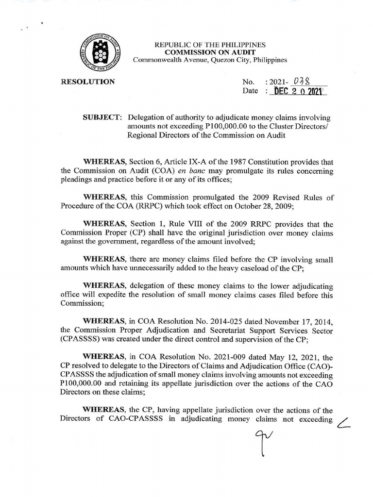 COA Resolution 2021-038 MONEY Claim | PDF