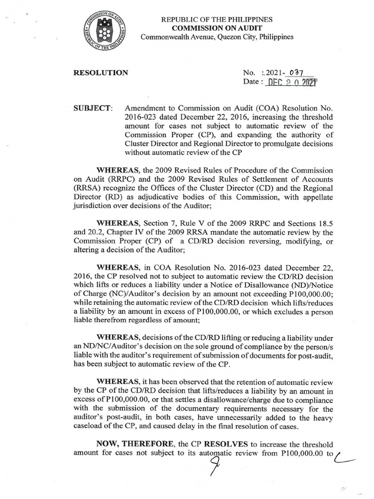 COA Resolution 2021-037 Automatic Review | PDF