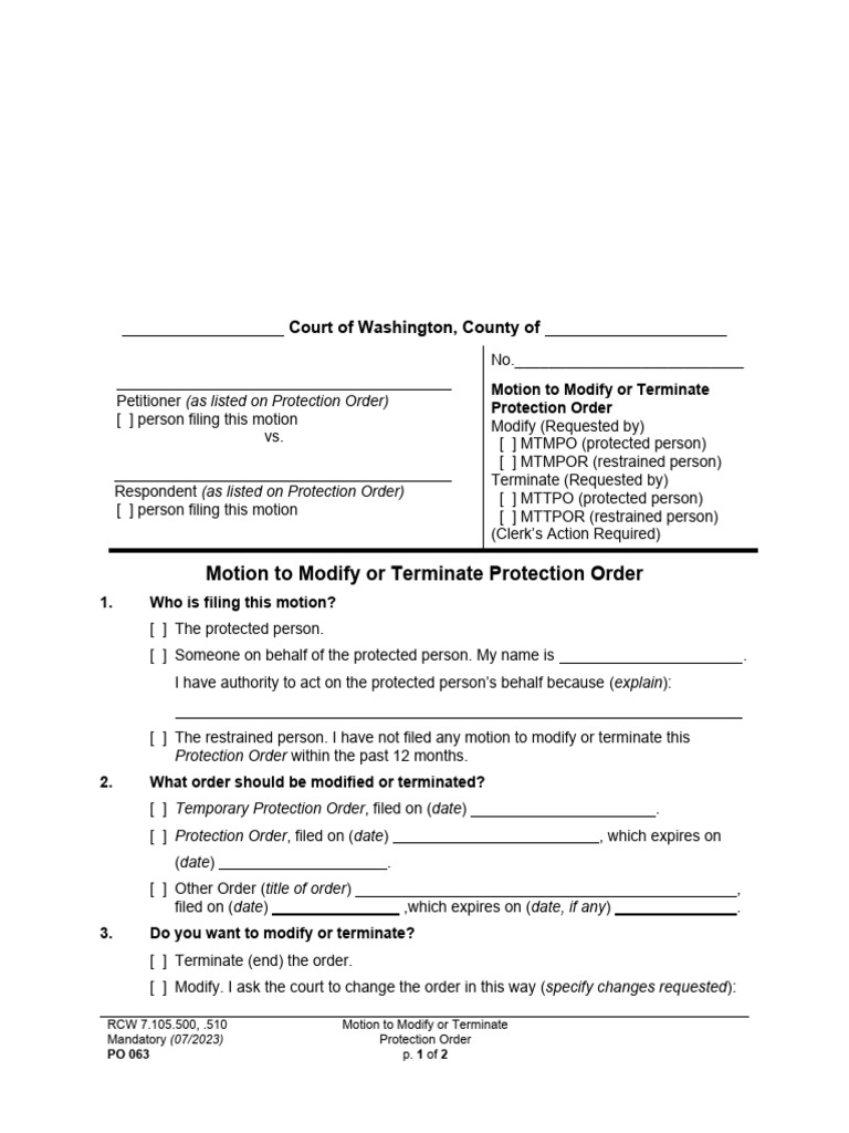 Po 063 Motion To Modify Or Terminate 07 2023 Pdf Restraining Order Justice 